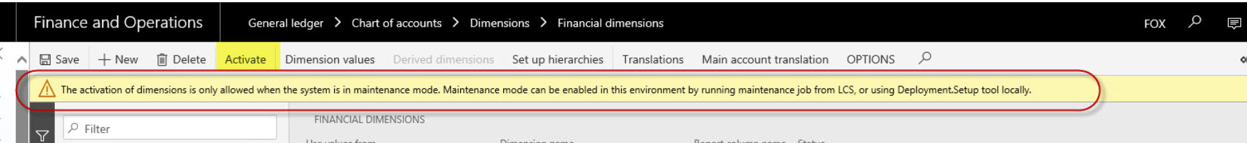 Error when activate dimension in Dynamics 365 FO (not in maintenance ...
